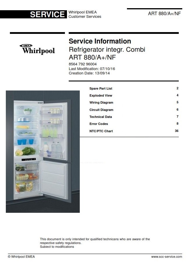 Whirlpool ART 880 A+ NF Refrigerator Service Manual