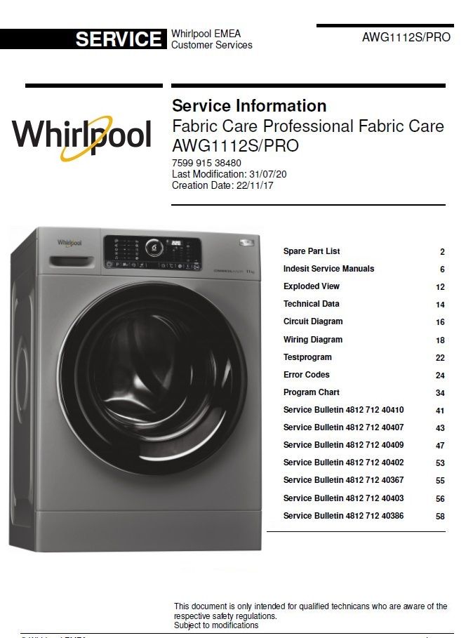 Whirlpool AWG 1112 S PRO Washing Machine Service Manual and Technicians ...