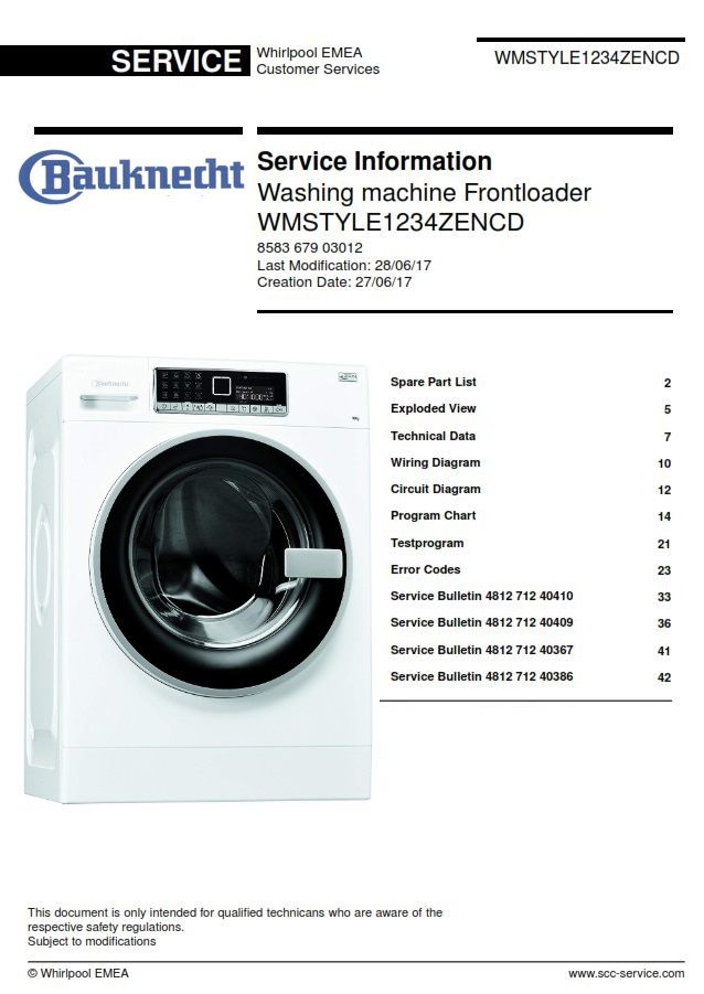 Bauknecht WM STYLE 1234 ZEN CD Washing Machine Service Manual