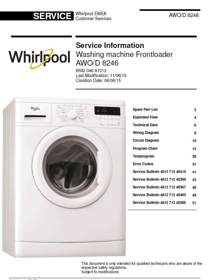 Whirlpool AWO D 8246 Washing Machine Service Manual and Technicians Guide