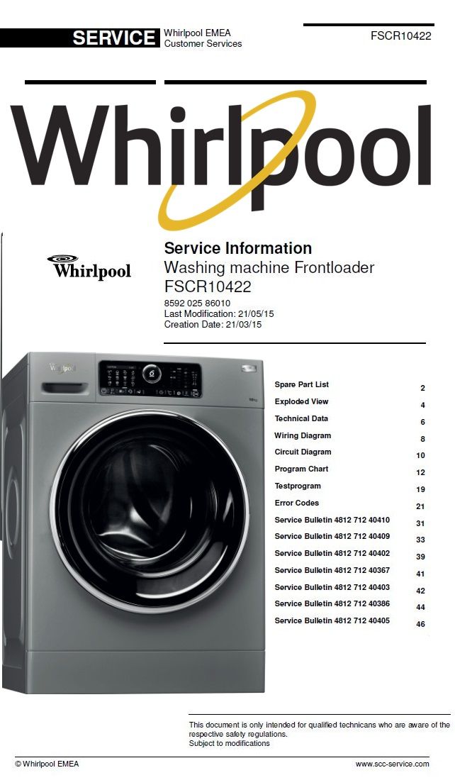 Whirlpool FSCR10422 Washing Machine Service Manual and Technicians Guide