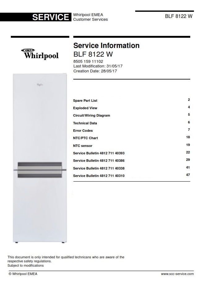 Whirlpool BLF 8122 W Refrigerator Service Manual