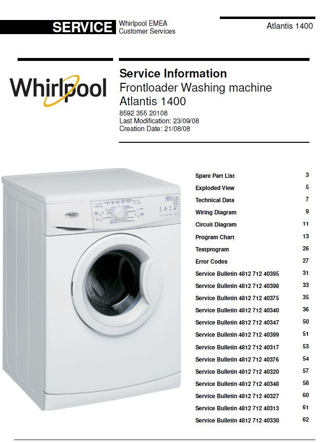 Whirlpool Atlantis 1400 Washing Machine Service Manual and Technicians ...