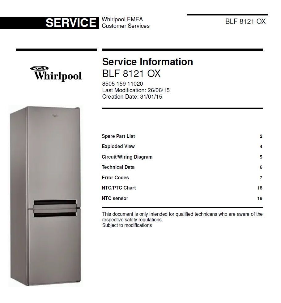 Whirlpool BLF 8121 W Refrigerator Service Manual