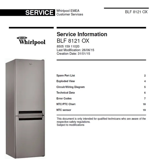 Whirlpool BLF 8121 OX refrigerator Service Manual