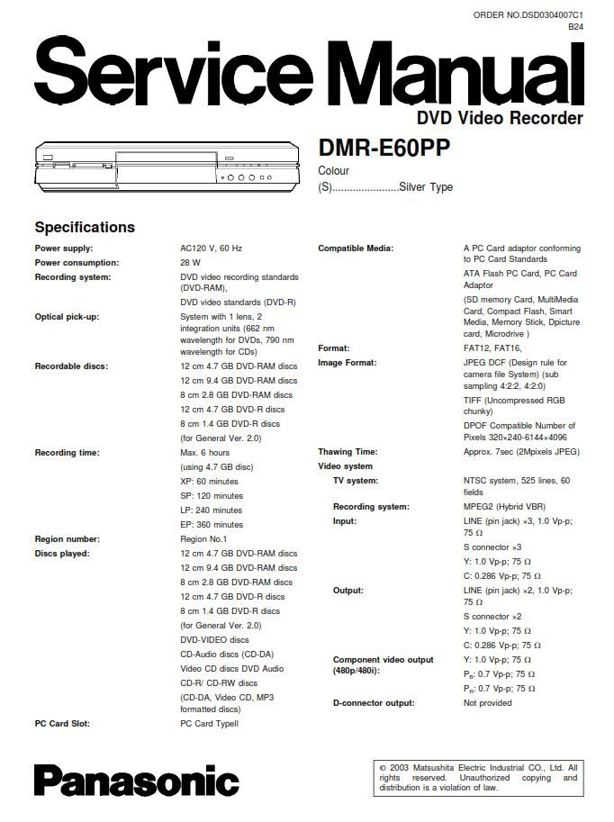 Panasonic DMR E60 E60PP DVD Recorder Service Manual