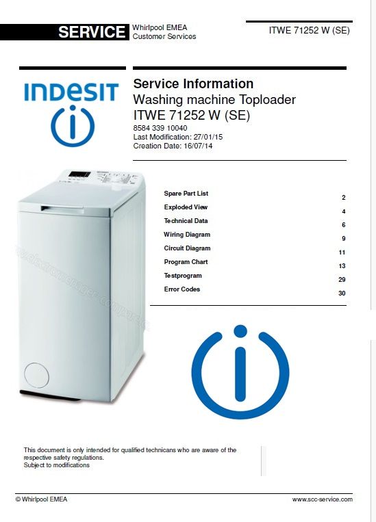 Indesit ITWE 71252 W (SE) Washing Machine Service Manual
