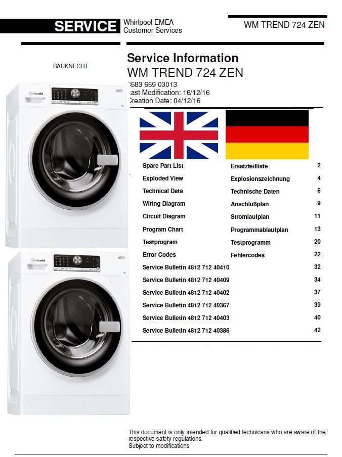 Bauknecht WM TREND 724 ZEN Washing Machine Service Manual
