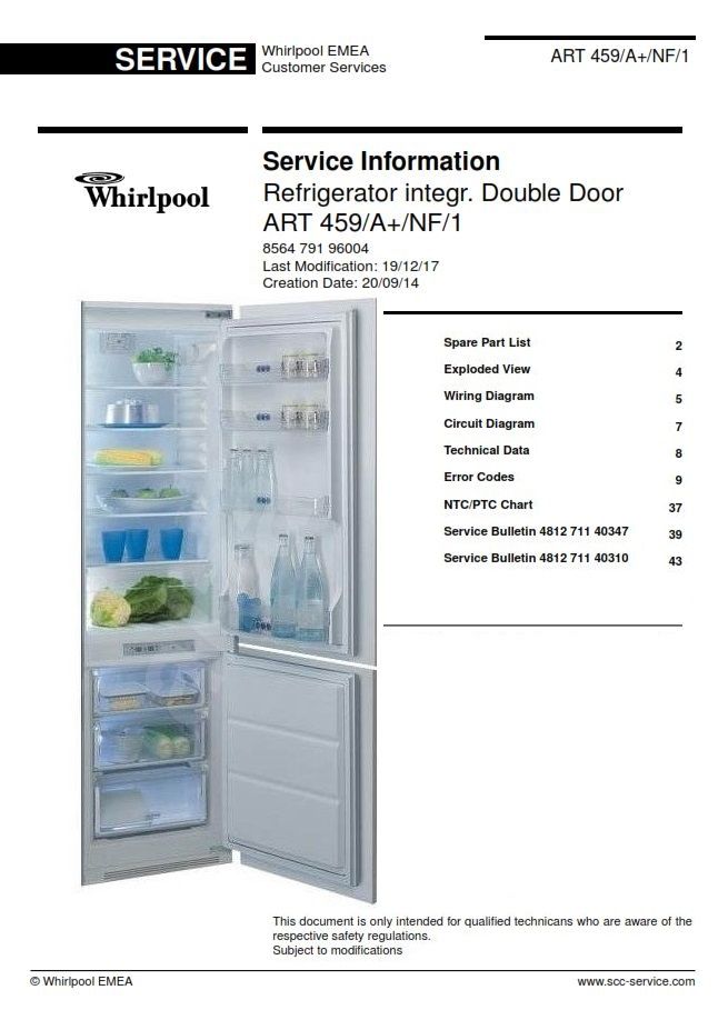 Whirlpool ART 459 A+ NF 1 refrigerator Service Manual