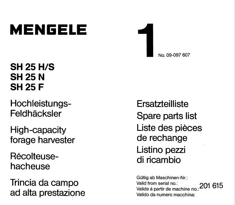 Mengele SH 25 H/S SH 25 N SH 25 F Parts Catalog,Mengele SH 25 H/S SH 25 ...