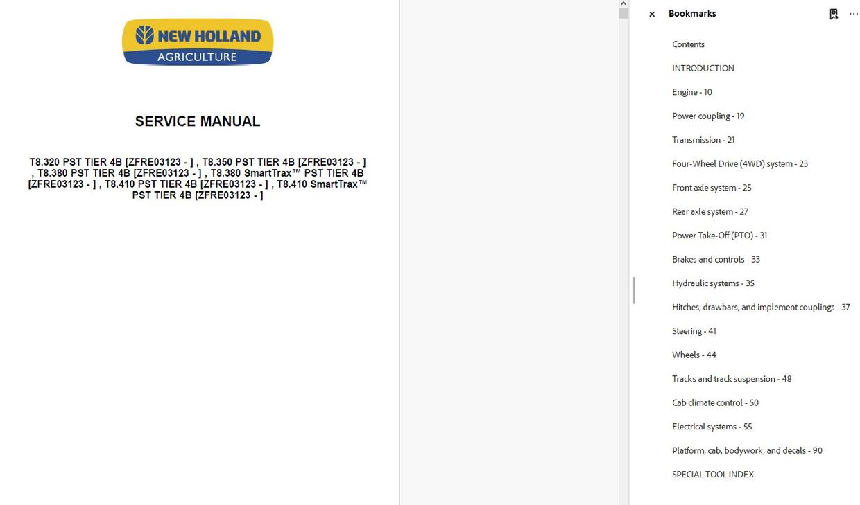New Holland T8.320/T8.350/T8.380/ T8.410/ T8.380 / T8.410 SmartTrax™ (PST) - Service Manual
