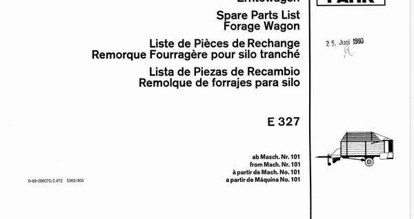 Deutz Fahr E327 Forage Wagon - Parts Catalog