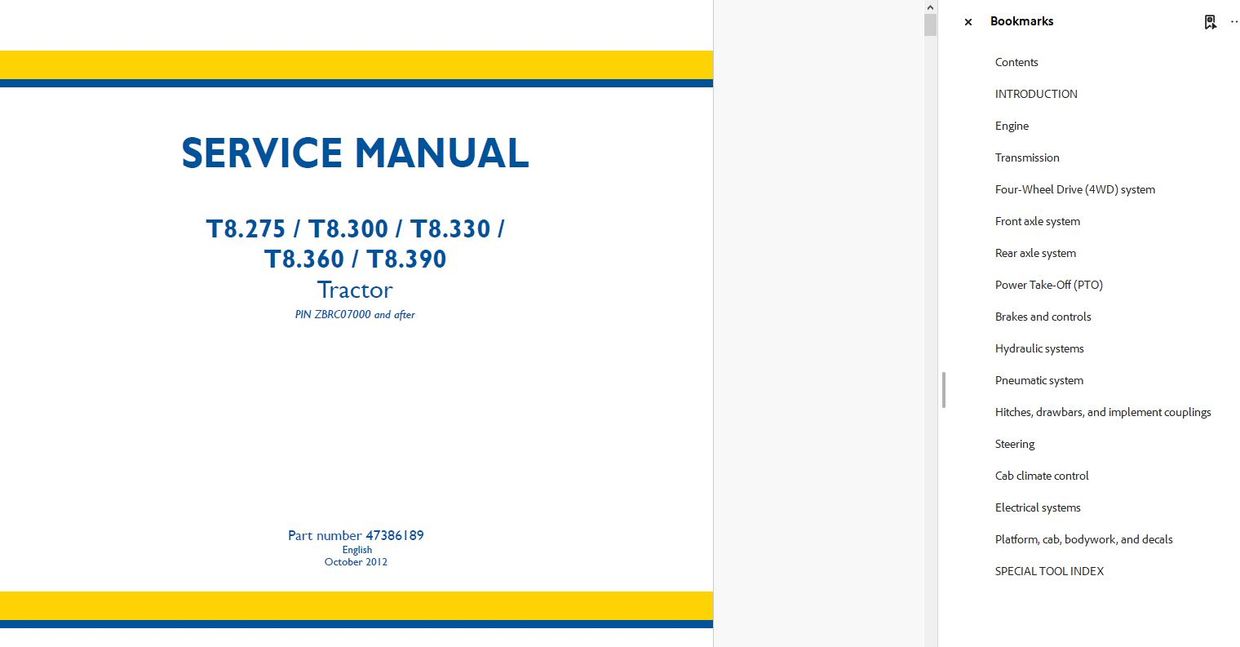 New Holland T8.275/T8.300/T8.330/ T8.360/T8.390 PIN ZBRC07000 and after - Service Manual