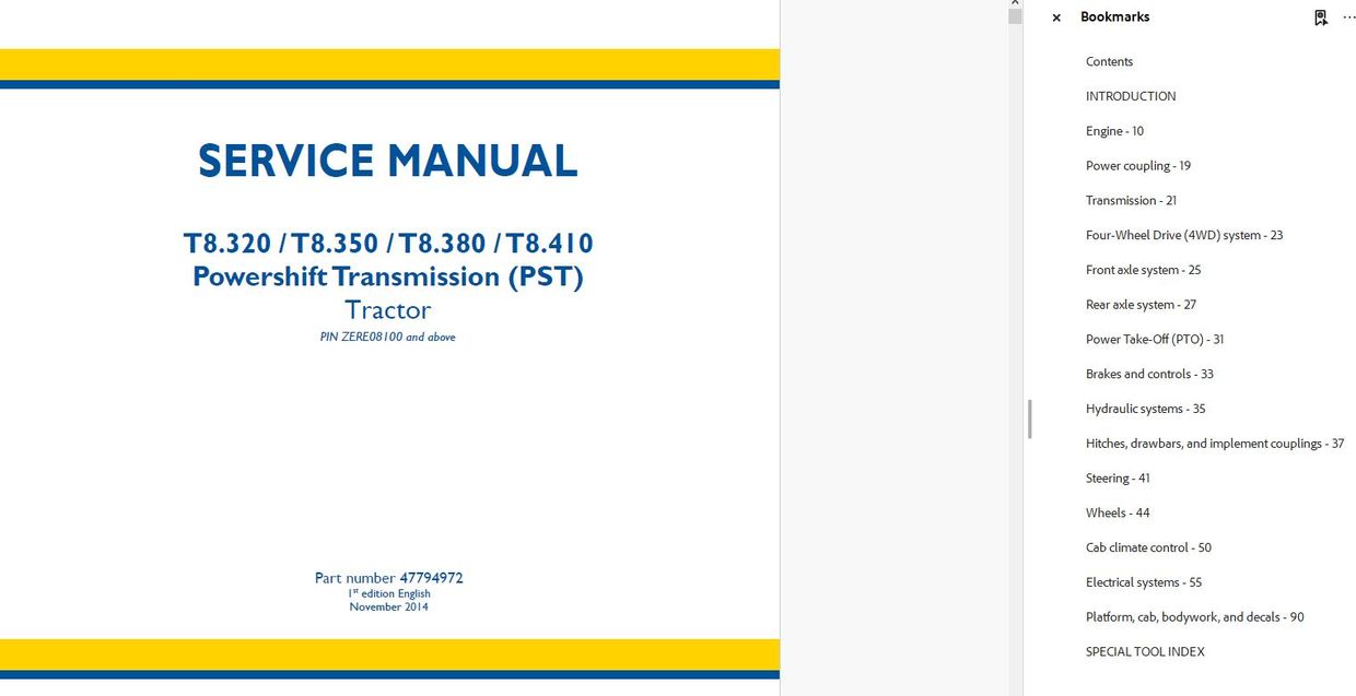 New Holland T8.320 / T8.350 / T8.380 / T8.410 Powershift Transmission (PST) Service Manual