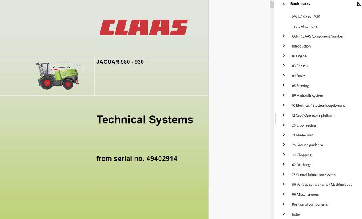 Claas Jaguar 980 970 960 950 940 930 Technical Systems (from serial no. 49402914)