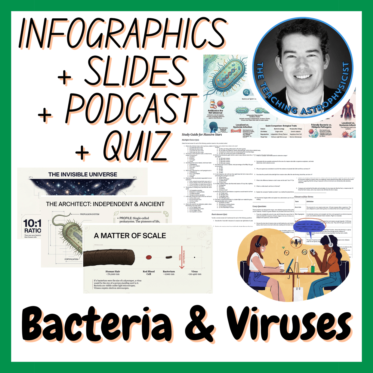Bacteria & Viruses | Infographics + Slides + Podcast + Quiz | Biology Set