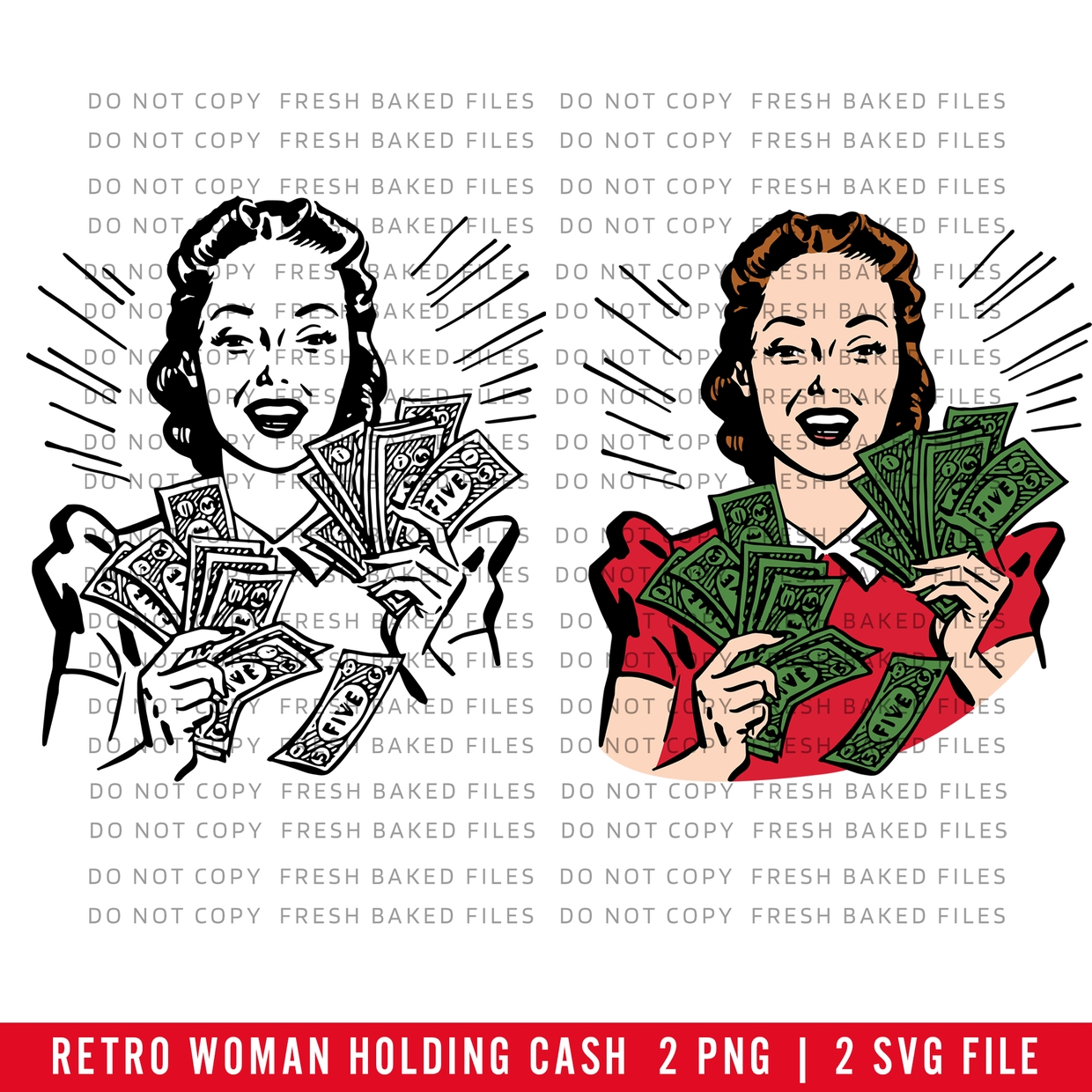 Retro 1950's Woman Holding Cash Illustration SVG. Vintage Woman with ...