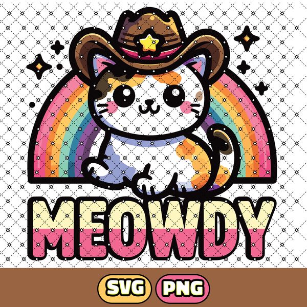 Meowdy Rainbow Cat SVG. Cute Rainbow Cat PNG Instant D