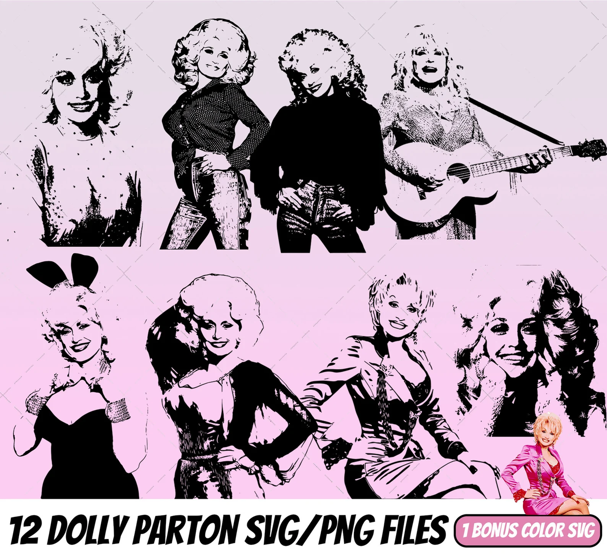 12 unique files in SVG PNG files Dolly Parton Silhouettes