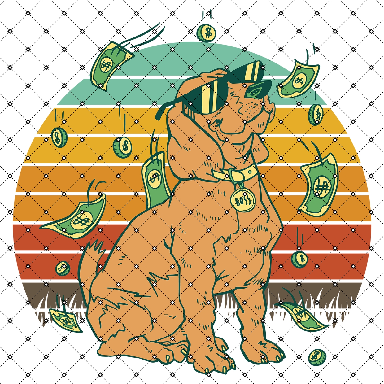 Money Dog With Retro Sunset Background SVG File. Cash Money Dog PNG ...