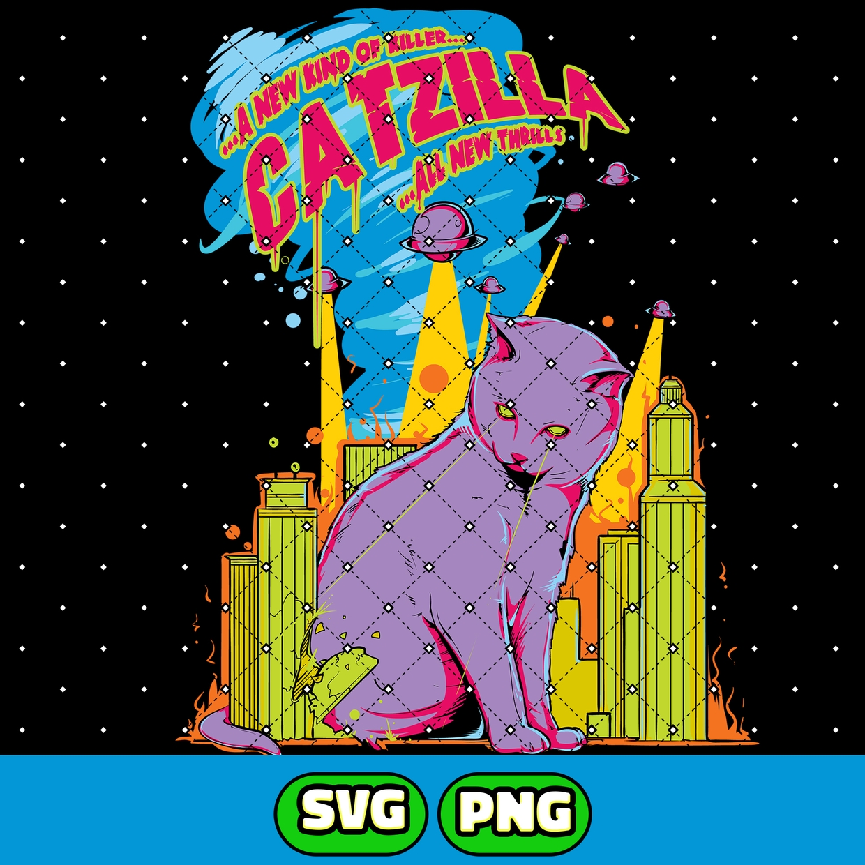 Neon Catzilla SVG and PNG File Download. Catzilla digital file for ...