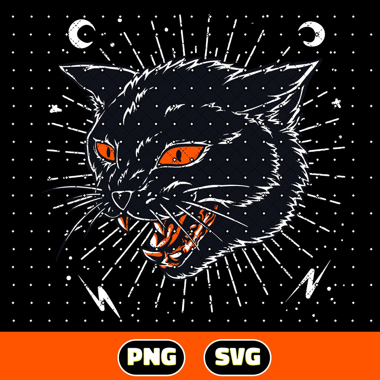 Gothic Orange Eyes Angry Black Cat Halloween SVG , PNG Digital Download