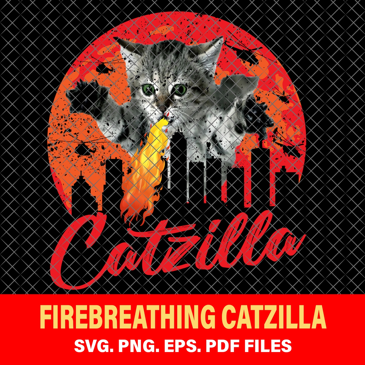 Fire Breathing Cute Catzilla Attacking The City PNG, SVG, PDF, EPS Files