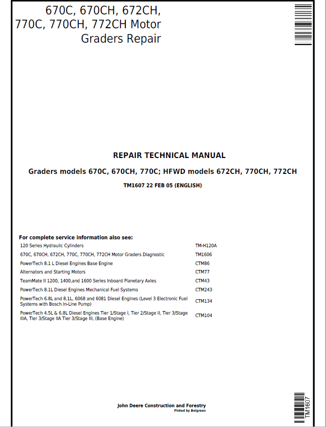 John Deere 670C 670CH 672CH 770C 770CH 772CH Motor Gra