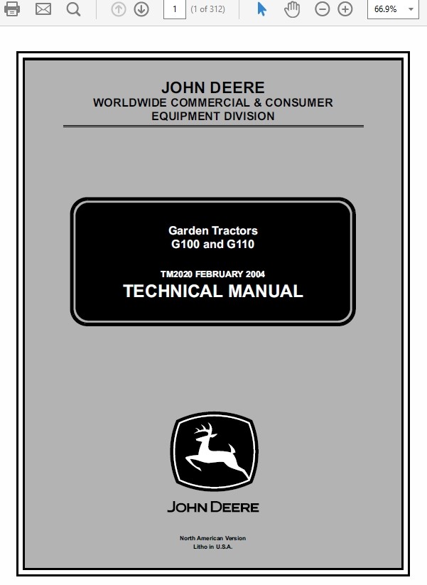 John Deere G100 and G110 Garden Tractors Technical Ma