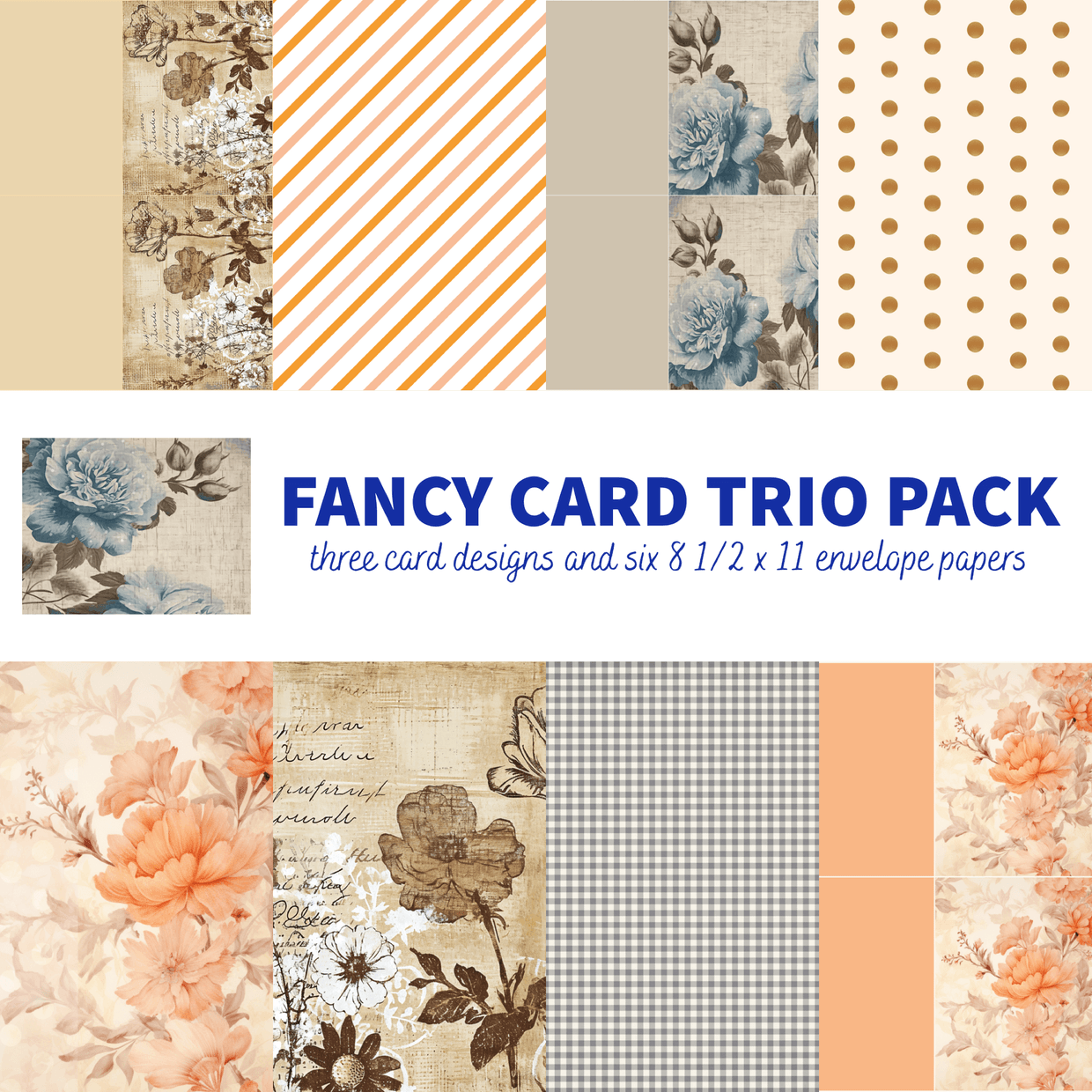 FANCY CARD TRIO with ENVELOPES digital papers BURLAP FLOWERS