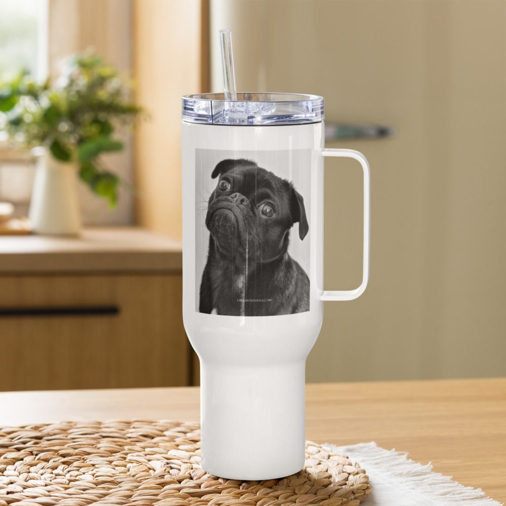 BLACK SMUG FACE PUPPY TRAVEL MUG WITH HANDLE 40 OZ