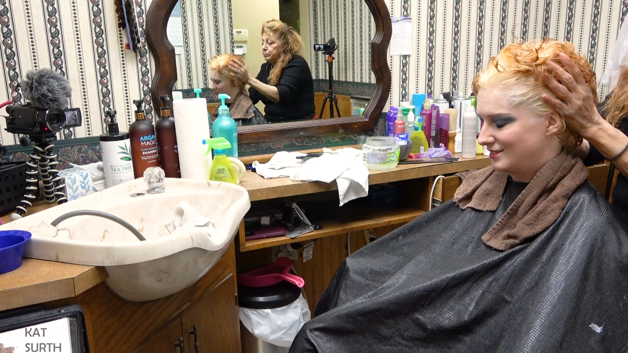 Kat in White Roller Set and Updo at a Beauty Salon VOD