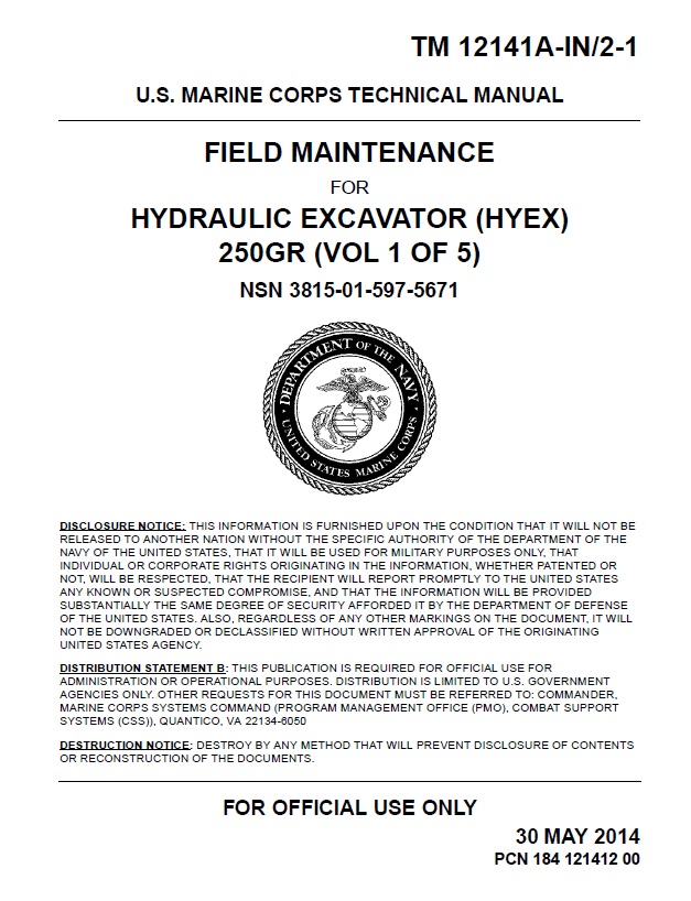 JOHN DEERE HYEX 250GR HYDRAULIC EXCAVATOR FIELD MAINTENANCE TECHNICAL ...