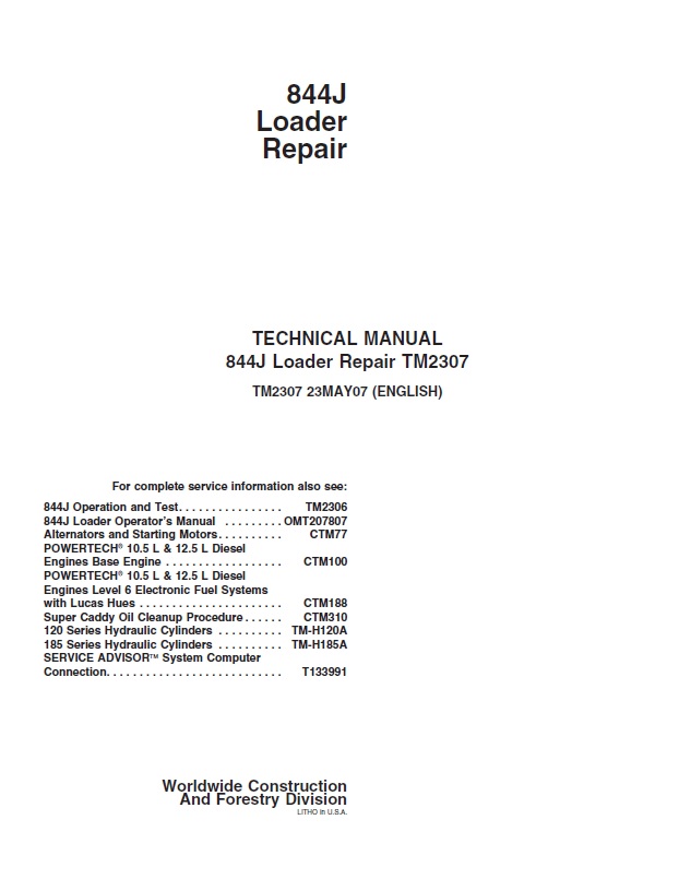 JOHN DEERE 844J LOADER TECHNICAL REPAIR MANUAL (TM2307)
