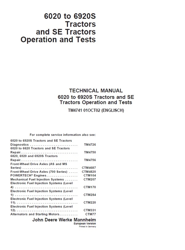 John Deere 6020 - 6920S Series & SE TRACTORS Operation