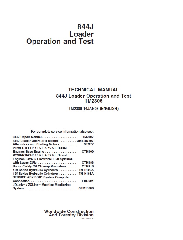 JOHN DEERE 844J LOADER OPERATION AND TEST MANUAL (TM2306)