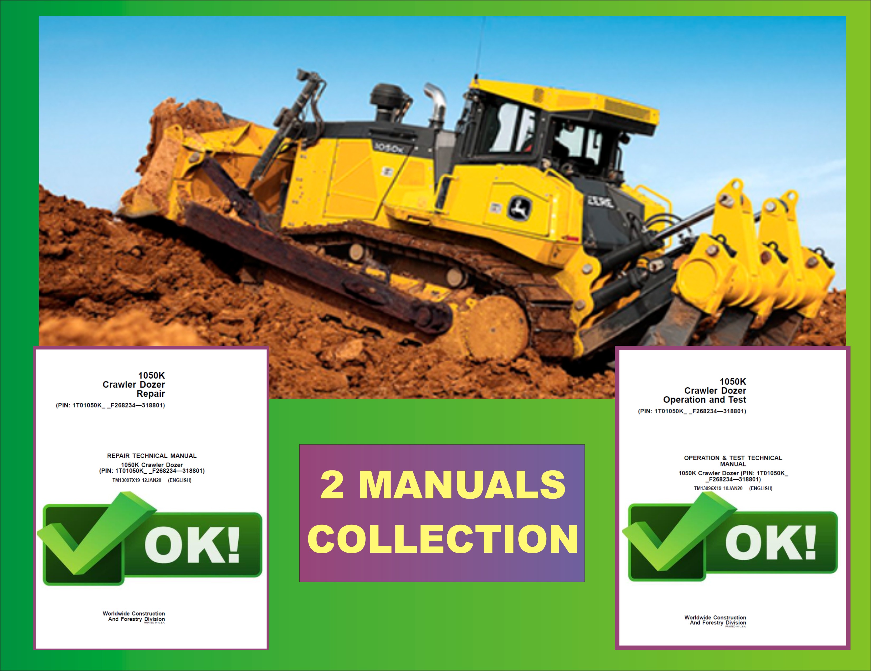 JOHN DEERE 1050K CRAWLER DOZER COMPLETE REPAIR COLLECTION OF 2 FILES
