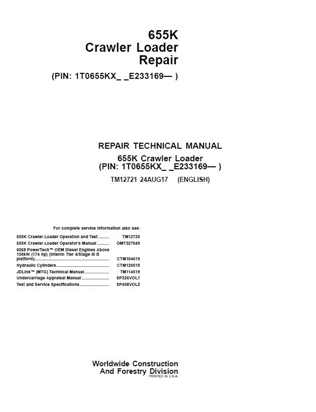 JOHN DEERE 655K CRAWLER DOZER 24AUG17 REPAIR TECHNICAL MANUAL PIN ...