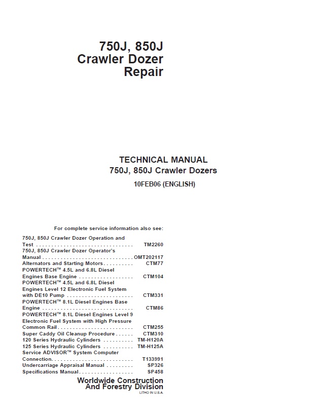 JOHN DEERE 750J, 850J CRAWLER DOZER TECHNICAL REPAIR MANUAL (TM2261)