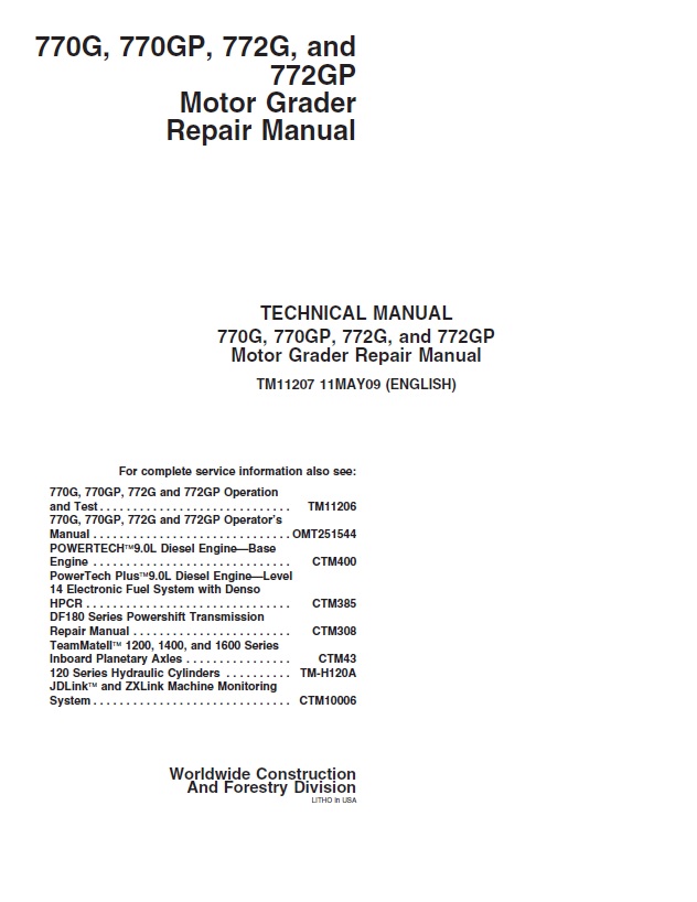 JOHN DEERE 770G, 770GP, 772G, 772GP MOTOR GRADER TECHNICAL REPAIR ...