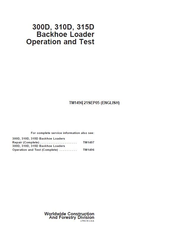 John Deere 310D, 315D Backhoe Loader Test, Operation, Service Repair ...