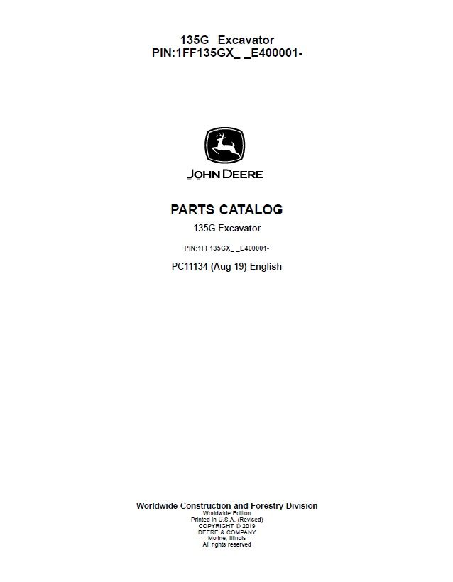 JOHN DEERE 135G EXCAVATOR PARTS CATALOG MANUAL PIN 1FF135GX-E400001 ...