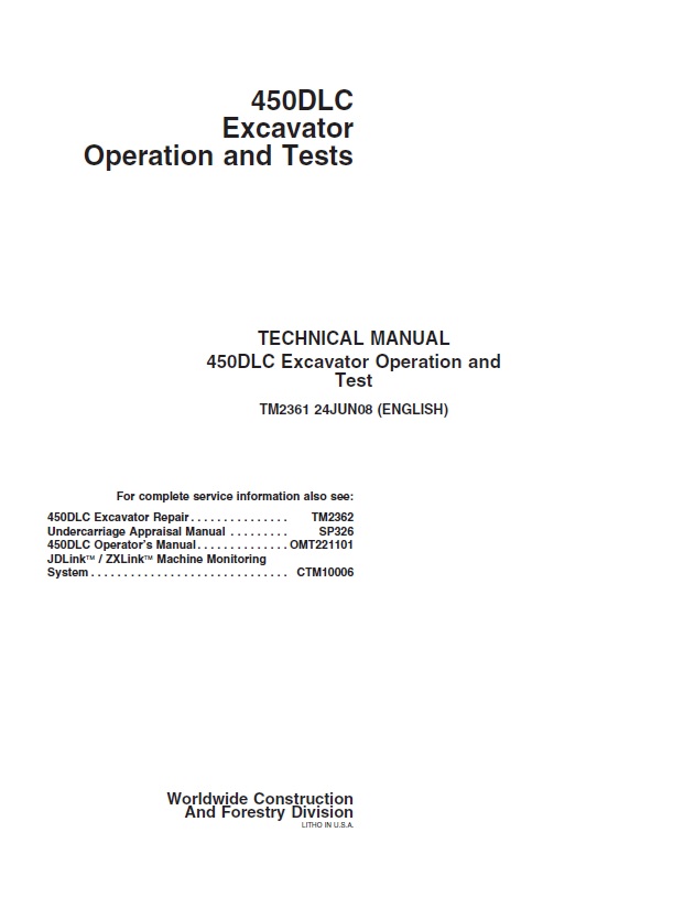 JOHN DEERE 450DLC EXCAVATOR OPERATION AND TEST MANUAL (TM2361)