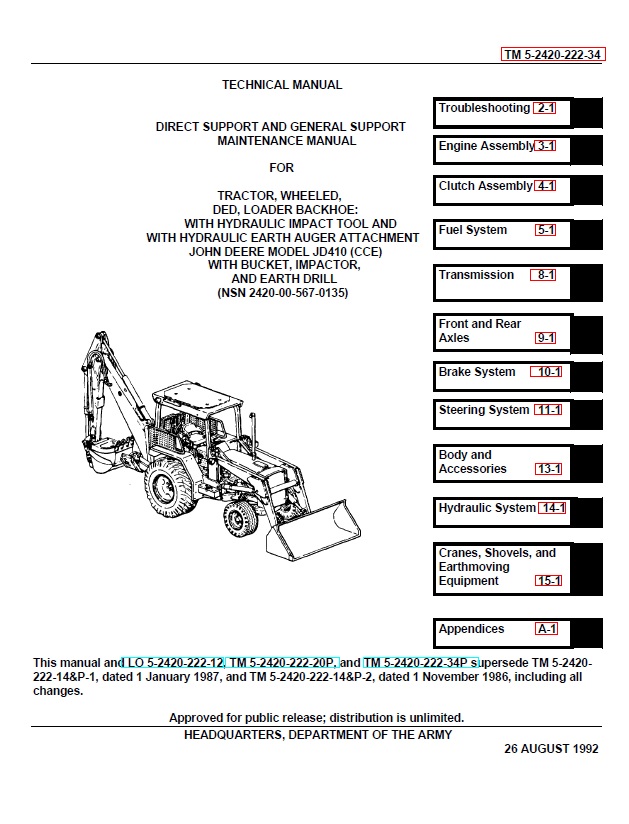 JOHN DEERE JD410 BACKHOE LOADER TECHNICAL REPAIR MANUAL (TM 5-2420-222-34)