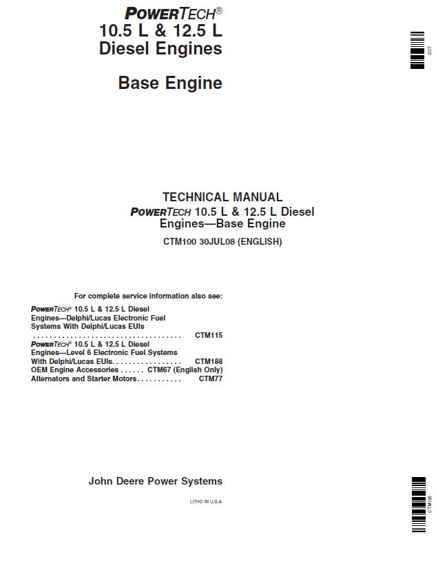 JOHN DEERE POWERTECH 10.5L 12.5L DIESEL ENGINES BASE ENGINE REPAIR COMPONENT TECHNICAL MANUAL ...