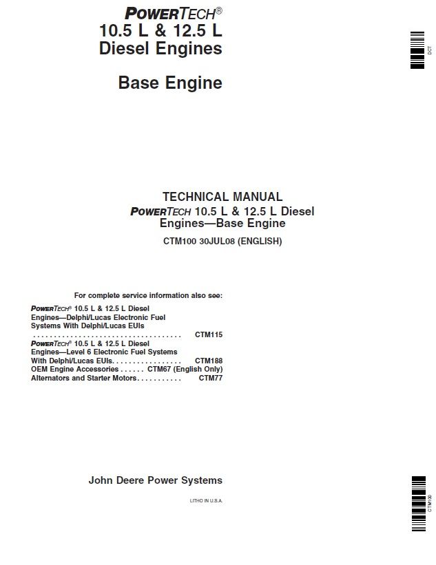 JOHN DEERE POWERTECH 10.5L 12.5L DIESEL ENGINES BASE ENGINE REPAIR COMPONENT TECHNICAL MANUAL ...