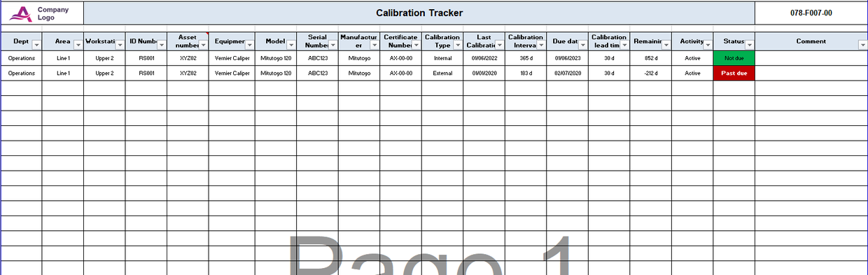 Calibration Procedure and Tracker per AS9100 - ISO 9001