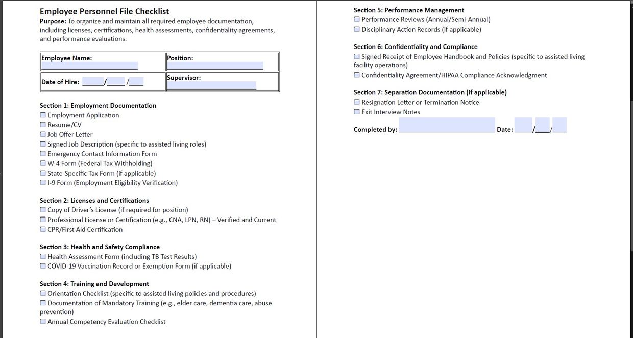Employee Personnel File Checklist