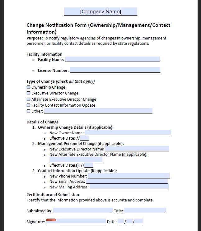 ALF Change Notification Form | Ownership Management Contact
