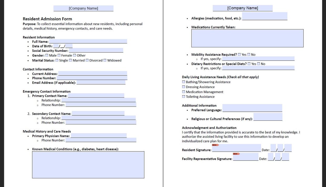 Resident Admission Form